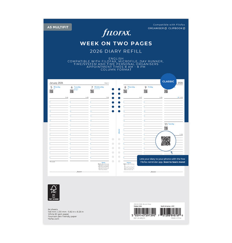 Week On Two Pages Diary With Appointments A5 Multifit 2026 - Filofax ...